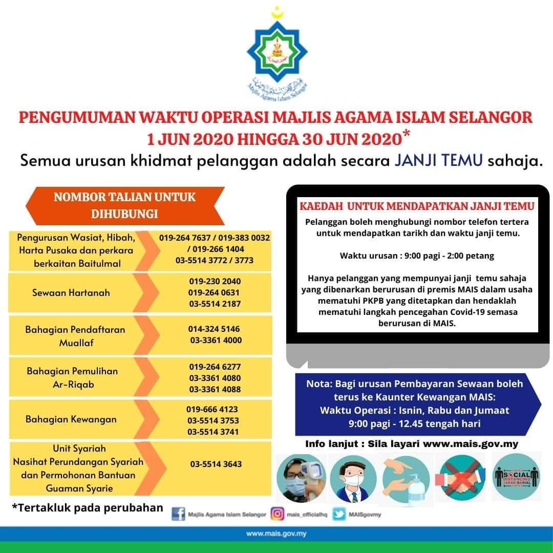 Media Selangor - Urusan di Mais secara janji temu sahaja mulai hari ini